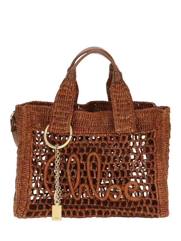 Chloé Small Raffia Tote Bag With Leather Details - Brown