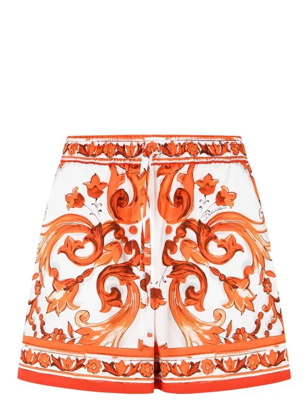 Dolce & Gabbana Maiolica Print Cotton Poplin Shorts - Orange