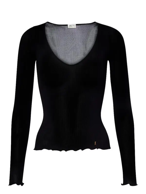Saint Laurent Ribbed-knit Silk V-neck Top - Black