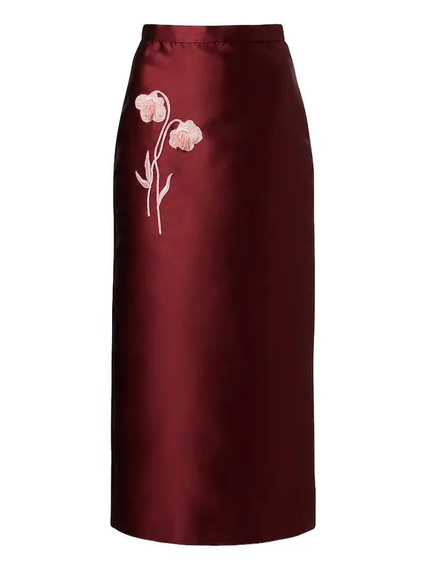 Erdem Floral-appliqué Satin Slip Skirt - Burgundy