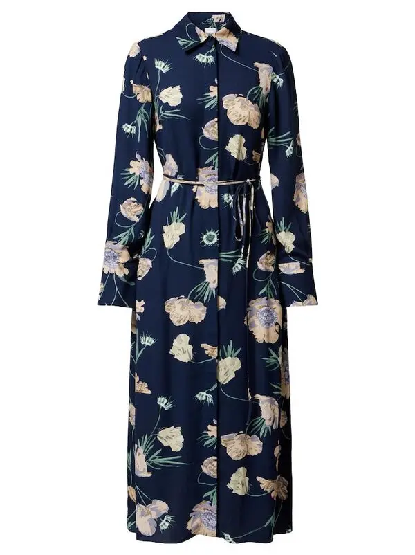 Erdem Belted Floral Shirt Dress In Belle Epoque Poppy Navy - Blue