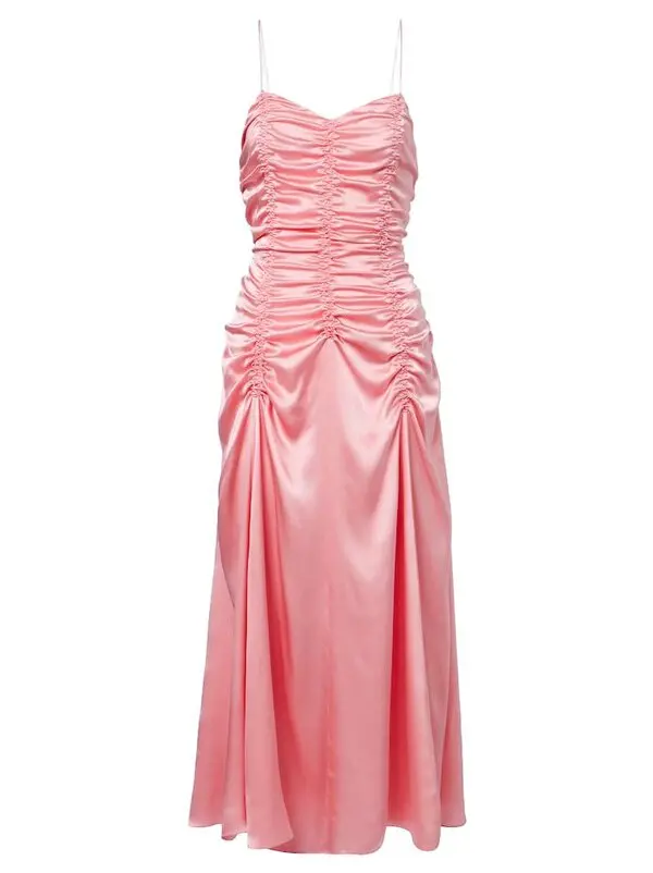 Khaite Raina Ruched Silk Satin Midi Dress - Pink