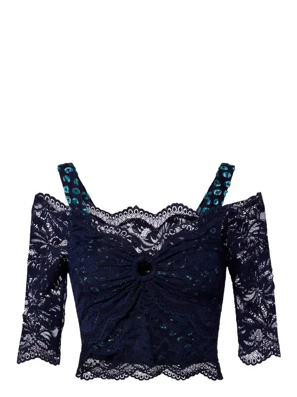 Rabanne Trompe L'oeil Lace And Velvet Crop Top - Blue