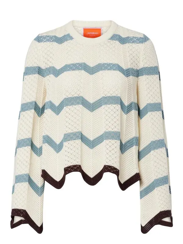 La DoubleJ Chevron Crochet Cropped Cotton Sweater - Blue