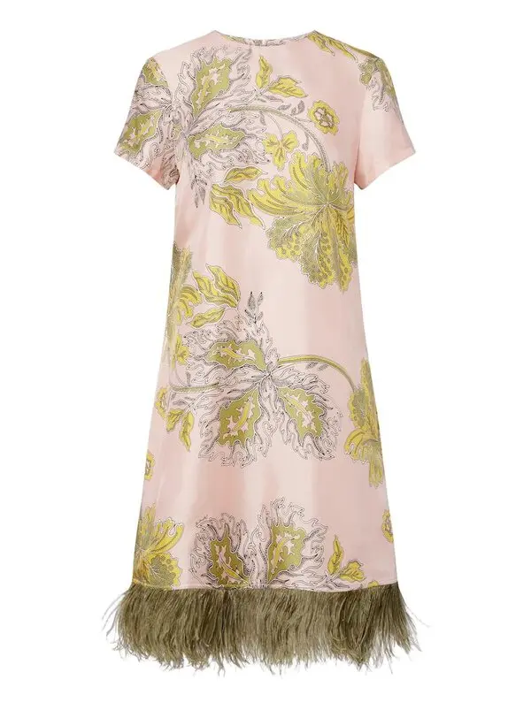 La DoubleJ Swing Feather-trimmed Floral Silk Twill Minidress - Green