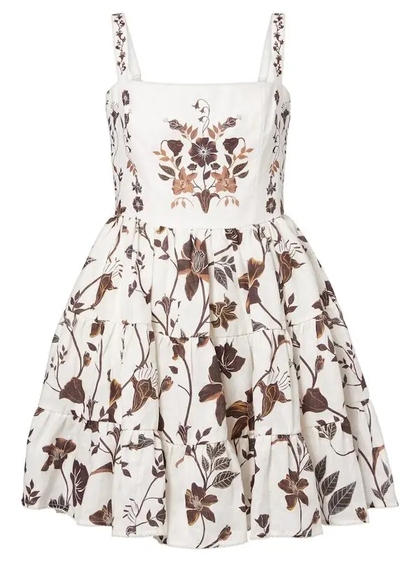 Agua Bendita Floral Linen Mini Dress - Brown