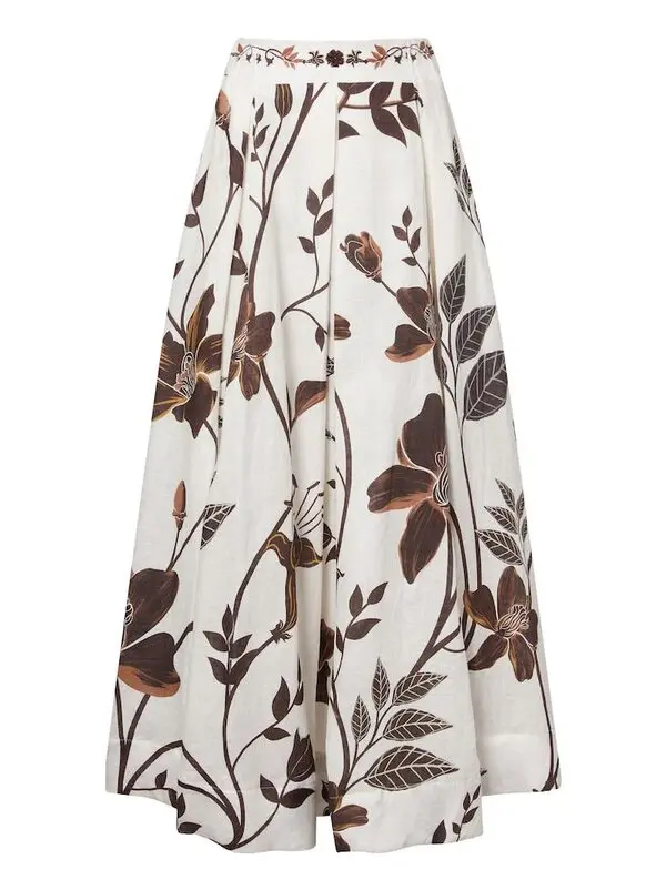 Agua Bendita Delta Floral Linen Maxi Skirt - Brown