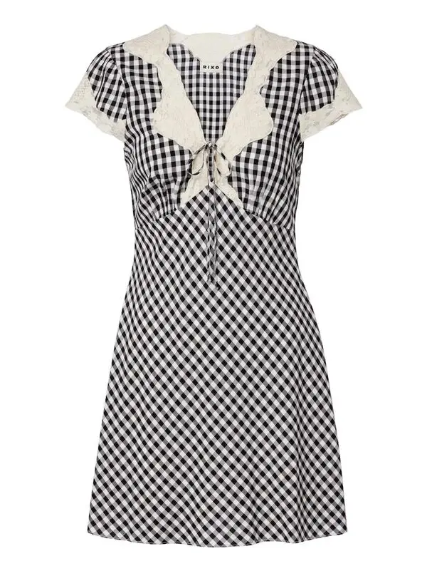 Rixo Lacie Lace-trimmed Checked Crêpe Minidress - Black