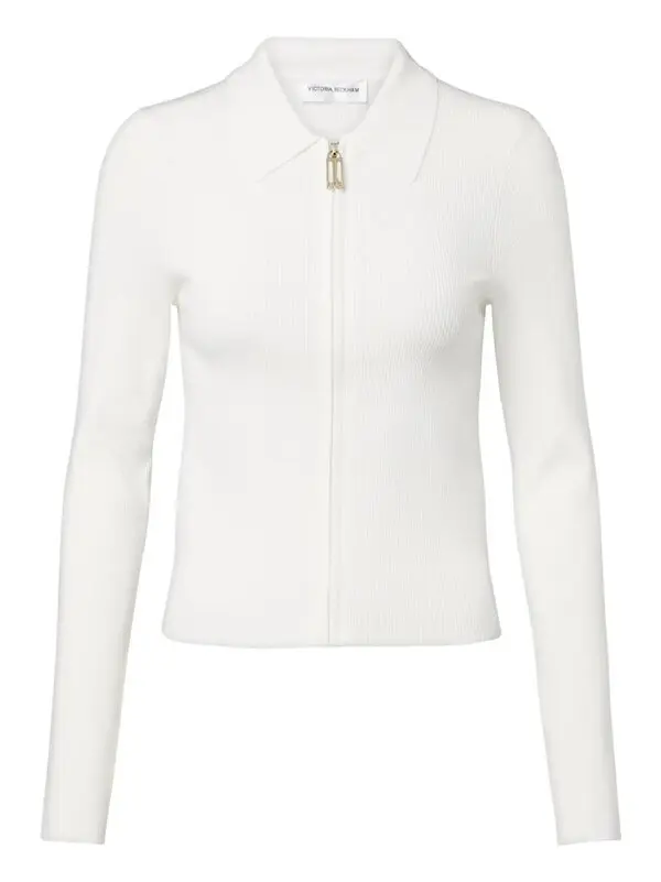 Victoria Beckham Mila Ribbed-knit Zip-up Polo Top - White
