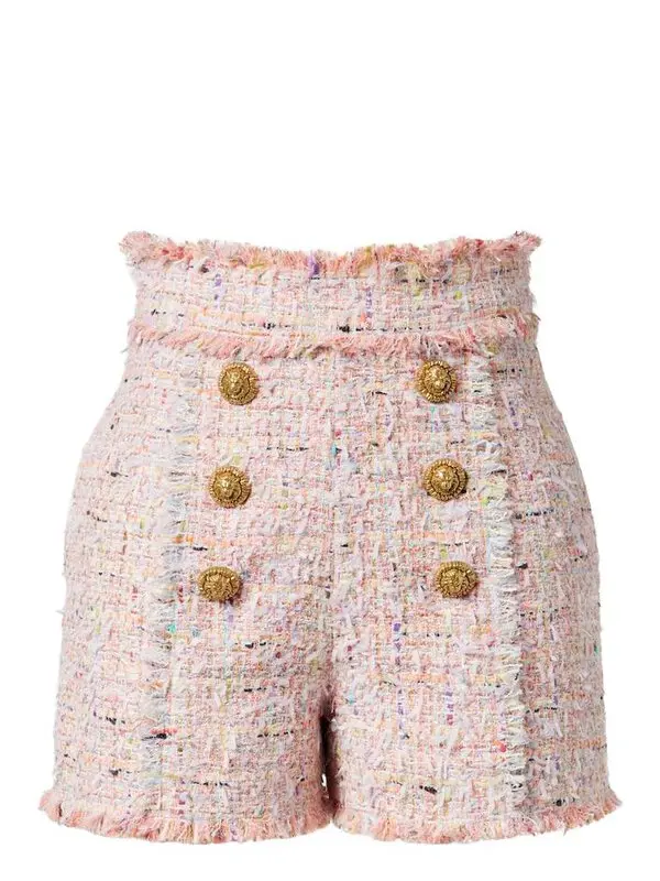 Balmain Tweed Shorts With Fringed Hem - Pink