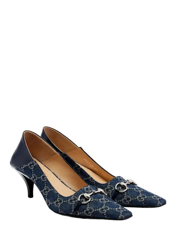 Gucci Vittoria Leather-trimmed Denim Pumps - Blue