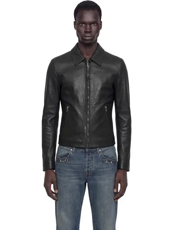Gucci Washed Stretch Nappa Leather Jacket With Embossed Crest - Black