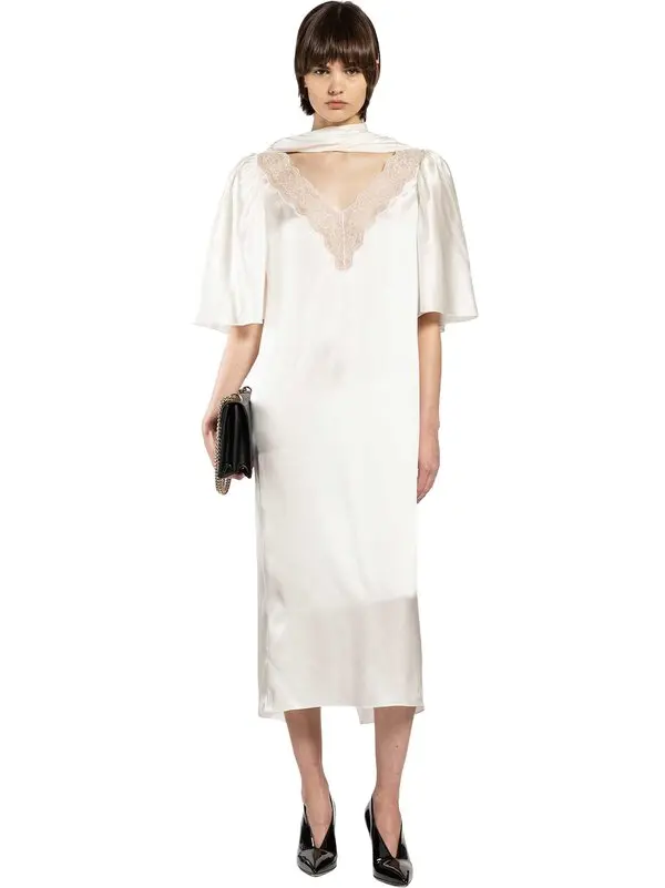Gucci Silk Satin Midi Dress With Lace Trim - White