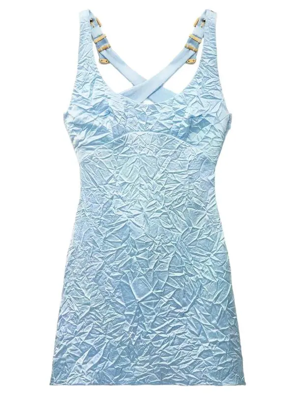 Versace Cady Satin Mini Dress With Embellished Buckle Straps - Blue