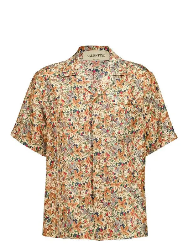 Valentino Garavani Beige Bowling Shirt In Silk With Papier Floral Print - Multicolour