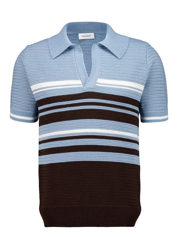 FERRAGAMO Washed Denim And Espresso Cotton Knit Polo Shirt - Blue