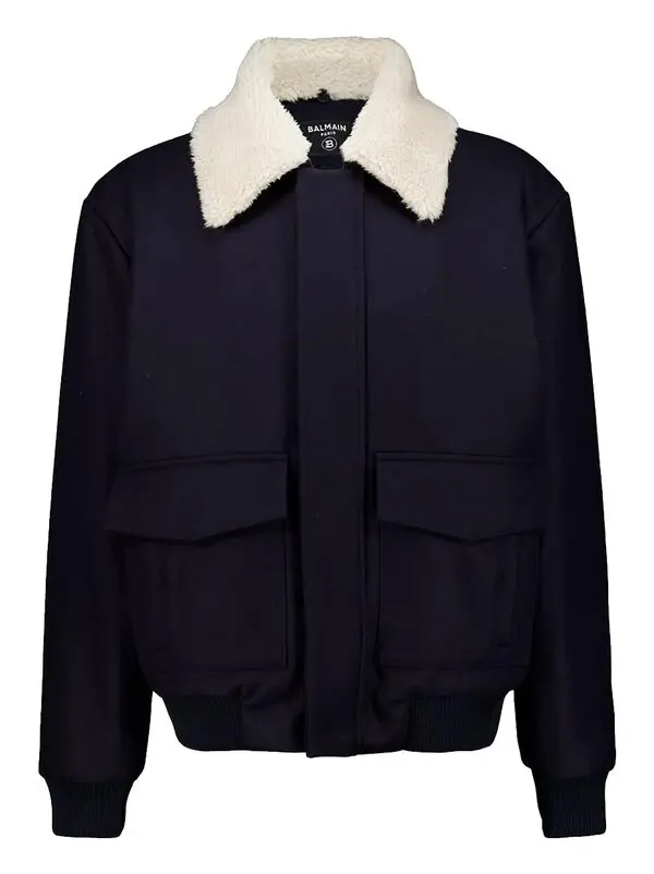 Balmain Wool Bomber Jacket With Shearling Collar - Blue