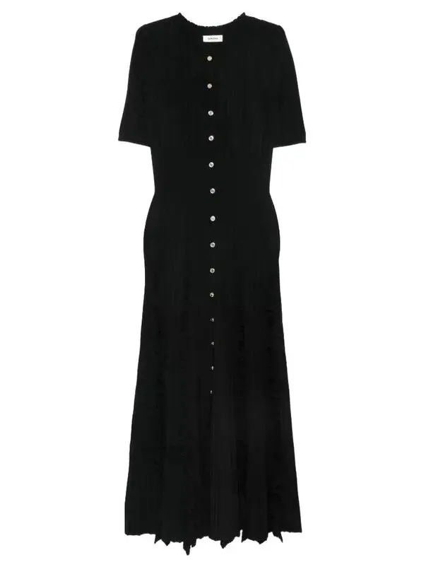 Sandro Ribbed-knit Midi Dress With Ruffle Trim - Black