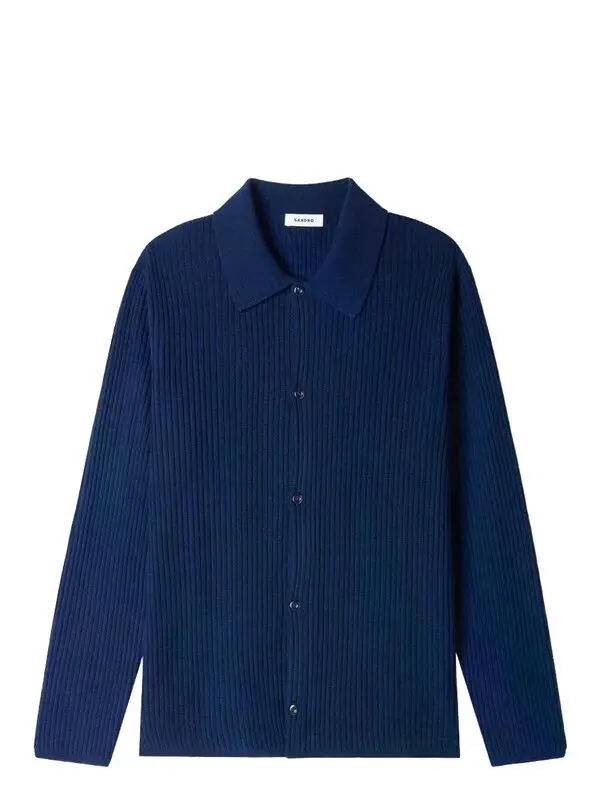 Sandro Ribbed Knit Shirt Collar Cardigan - Blue