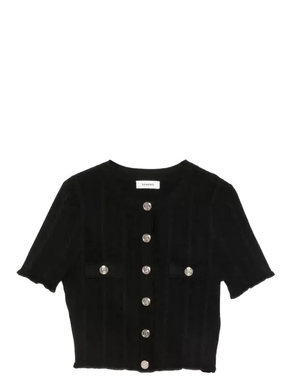 Sandro Cropped Short-sleeve Cardigan With Ruffled Trim - Black