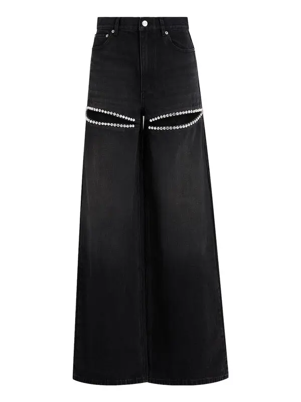 AREA Cutout Crystal-embellished High-rise Wide-leg Jeans - Black