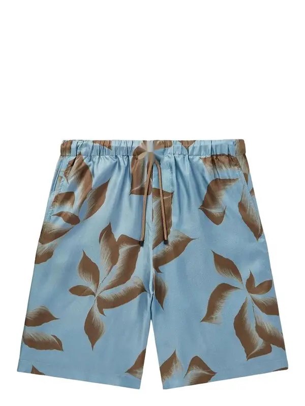 Dries Van Noten Straight-leg Printed Silk-twill Drawstring Shorts - Light Blue