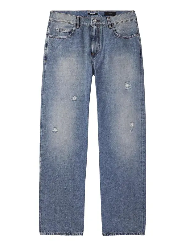 Balmain Straight Leg Distressed Jeans - Mid Denim