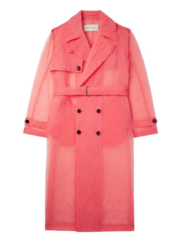Dries Van Noten Double-breasted Crinkled Organza Trench Coat - Coral