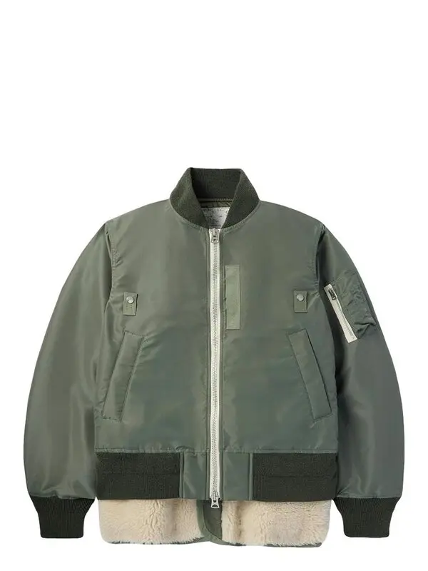 Sacai Layered Wool-trimmed Twill And Fleece Bomber Jacket - Grey Green