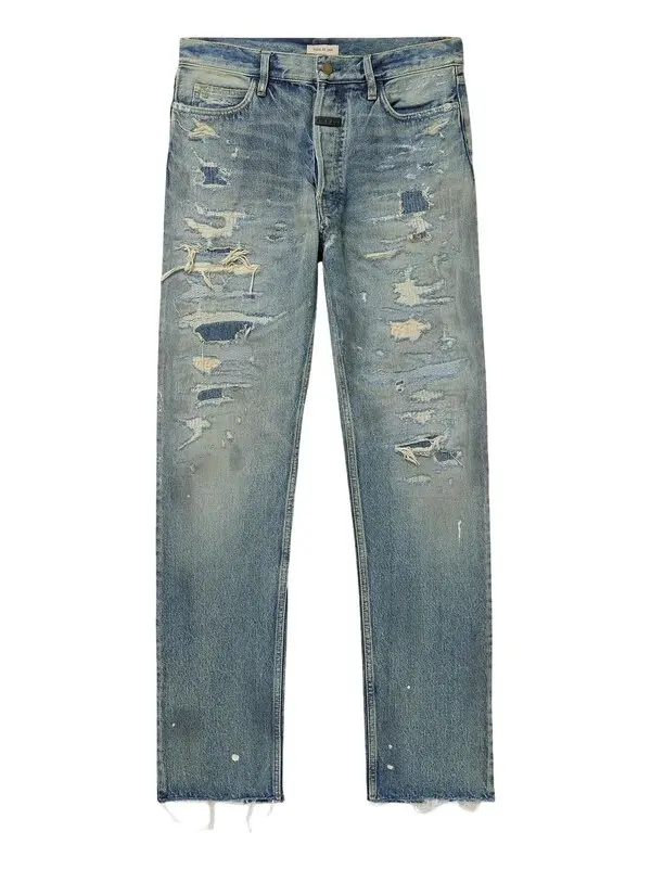 Fear Of God Straight-leg Distressed Jeans With Logo Appliqu - Mid Denim