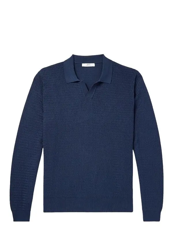 Mr P. Textured Cotton And Silkblend Polo Shirt - Navy