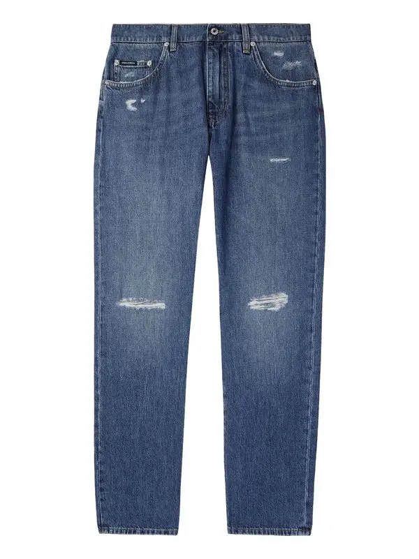 Dolce & Gabbana Distressed Logo-appliquéd Straight-leg Jeans - Mid Denim