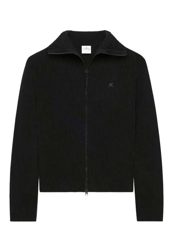COURREGES Ribbed Knit Zipped Cardigan - Black