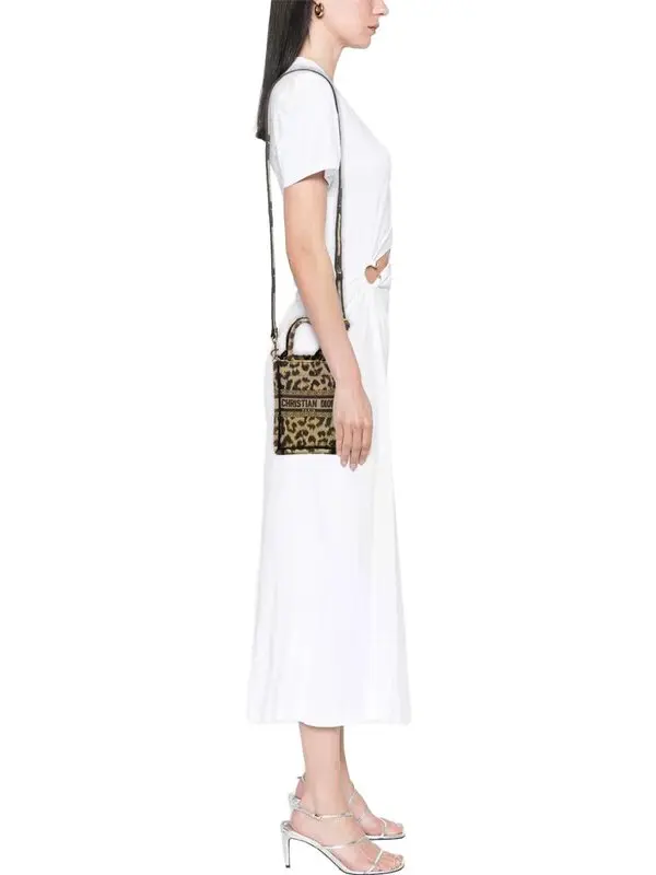 Dior Mizza Mini Embroidered Canvas Leopard Vertical Book Tote Satchel - Neutrals