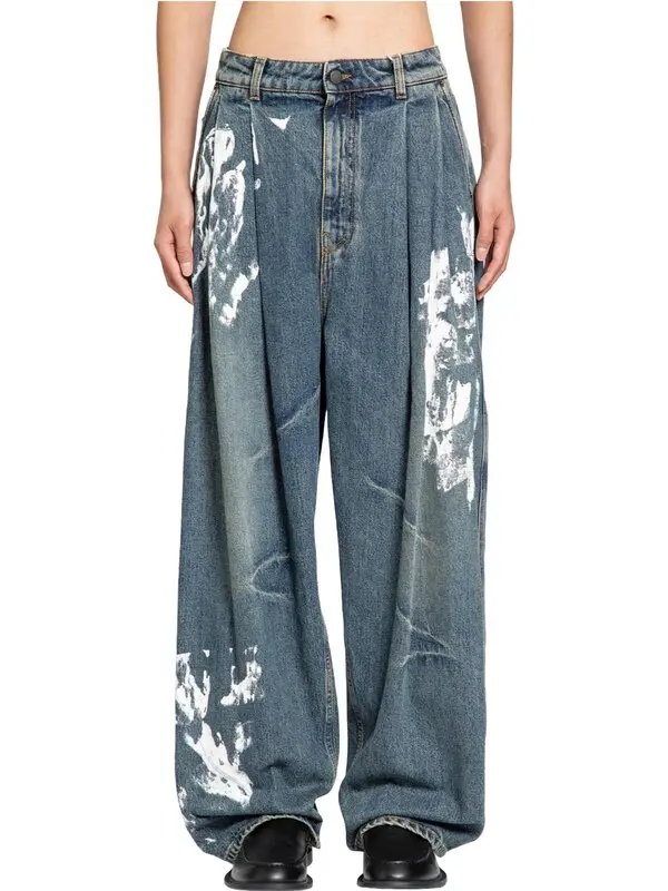 HED MAYNER Pleated-front Wide-leg Jeans With Graffiti Detail - Dark Blue