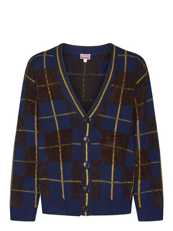 Kenzo Plaid Check Wool Blend Cardigan - Black