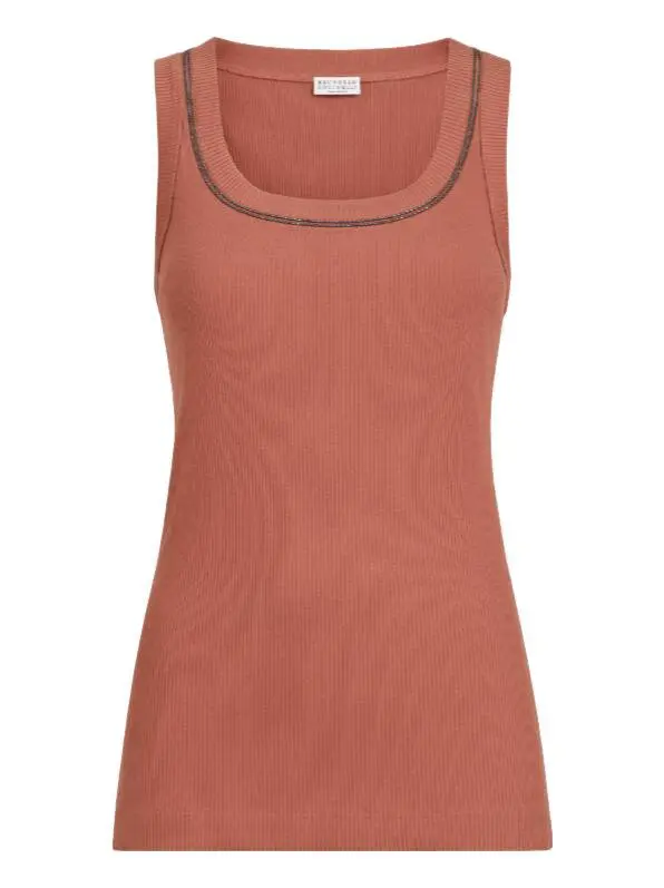 Brunello Cucinelli Ribbed Tank Top With Embellished Trim - Orange