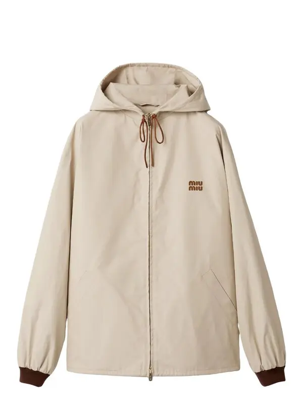 Miu Miu Zip-up Hooded Jacket With Leather Logo - Limestone