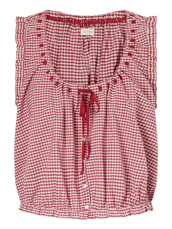 DÔEN Traveler Gathered Checked Organic Cotton Blouse - Pink