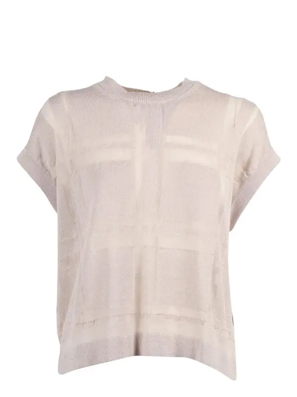 Peserico Short-sleeved Crewneck Top With Plaid Pattern And Ribbed Trim - Pink