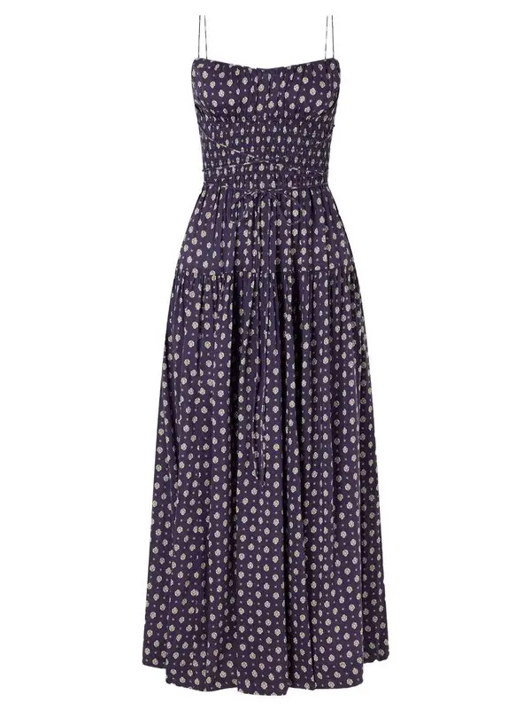 DÔEN Safia Smocked Printed Cotton And Silk-blend Maxi Dress - Black