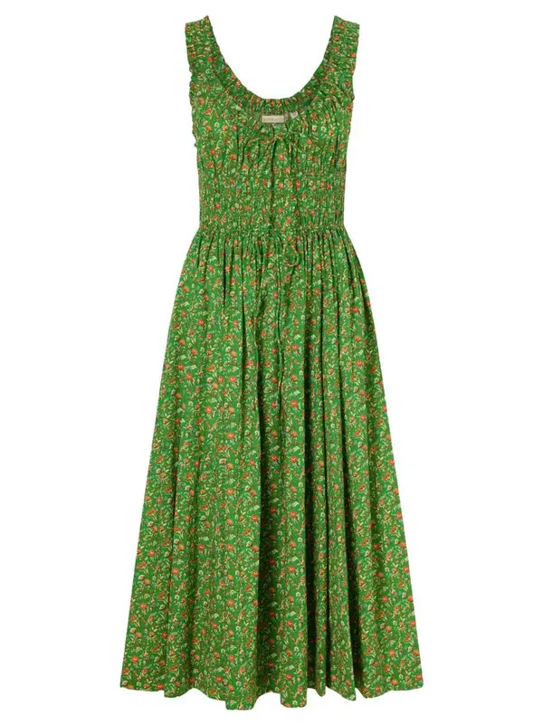 DÔEN Emmaretta Shirred Floral-print Organic Cotton Midi Dress - Green