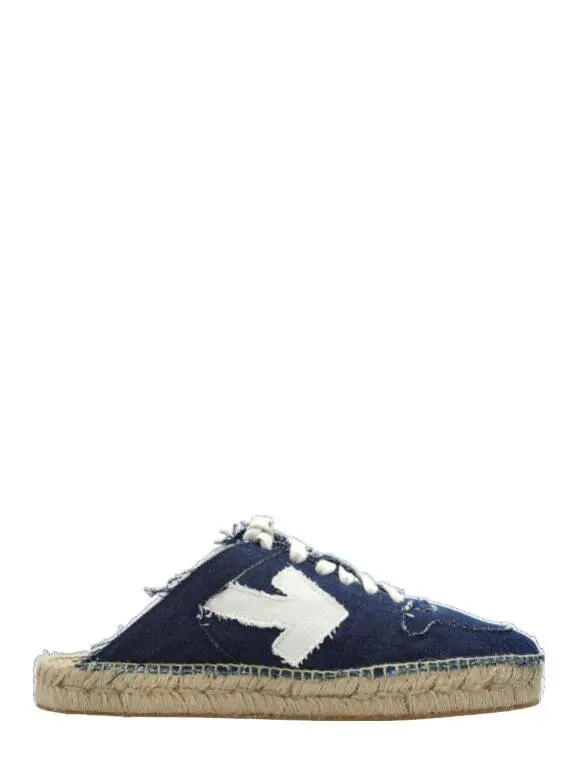 Off-White Cotton Arrow Lace-up Slides With Braided Raffia Sole - Indigo Blue