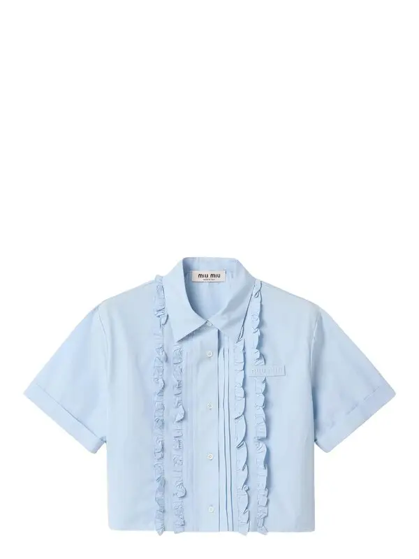 Miu Miu Cropped Short-sleeve Poplin Shirt With Ruffles And Logo Patch - Sapphire Blue