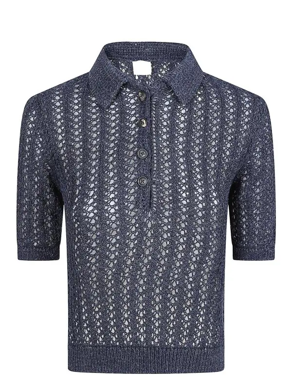 Eleventy Openwork Knit Polo Top - Black