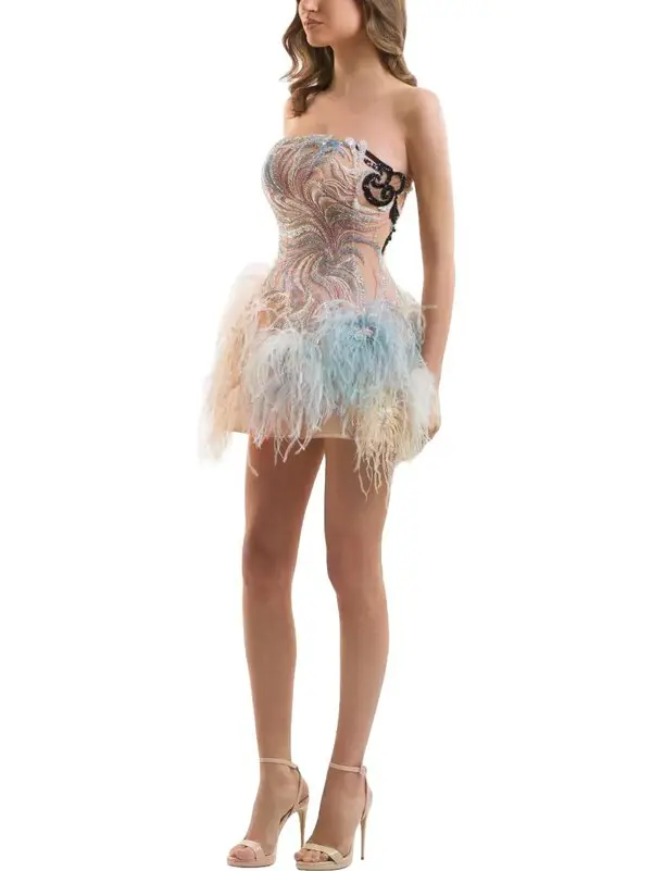 IMROSKA Embellished Feather-trimmed Strapless Dress - Neutrals