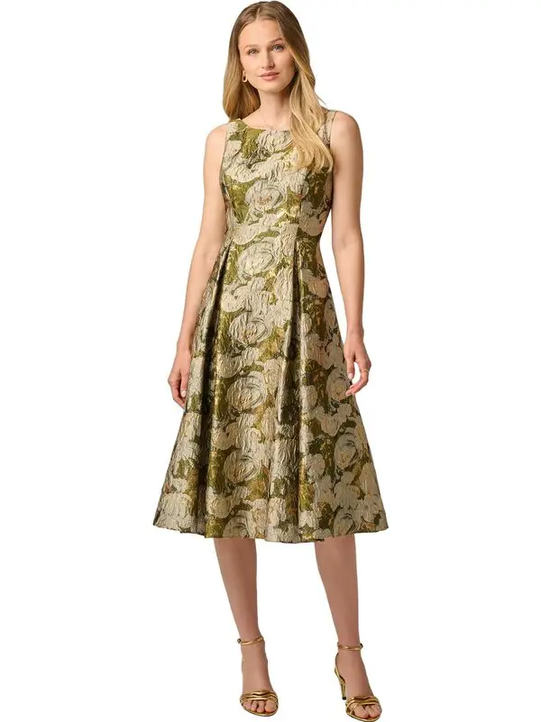 Adrianna Papell Floral Jacquard Tea Length Dress - Olive Multi