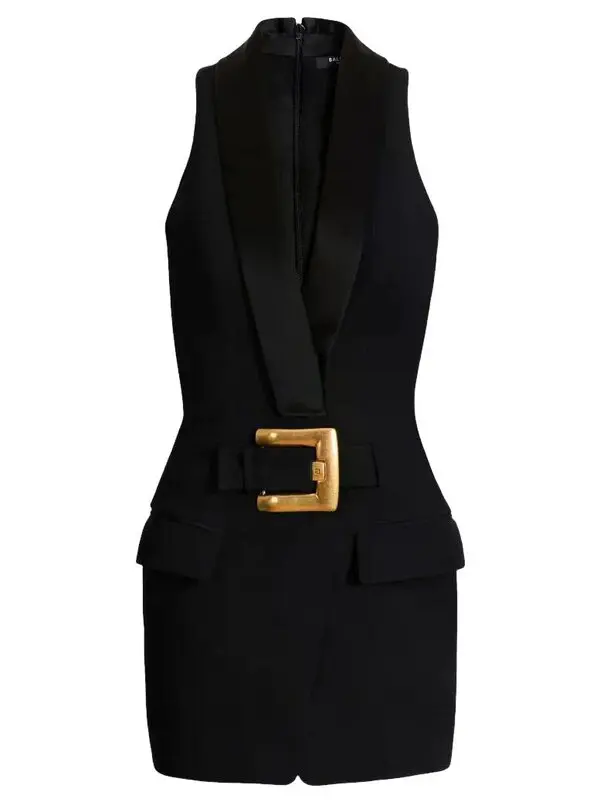 Balmain Virgin Wool Belted Dress - Black