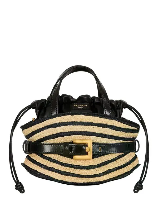Balmain Mini Bag In Smooth Leather And Raffia - Neutrals