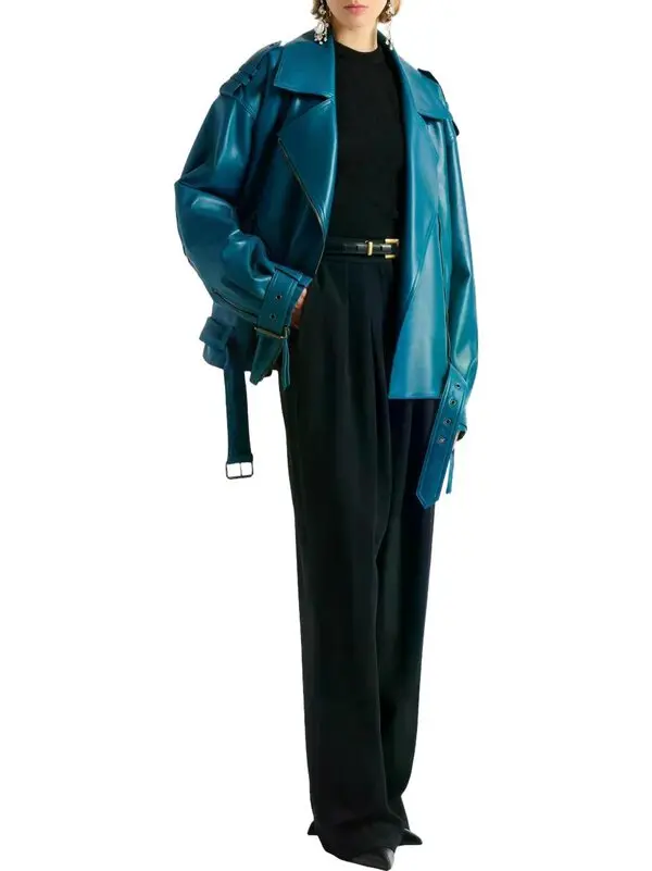 Balmain Lambskin Leather Biker Jacket - Blue